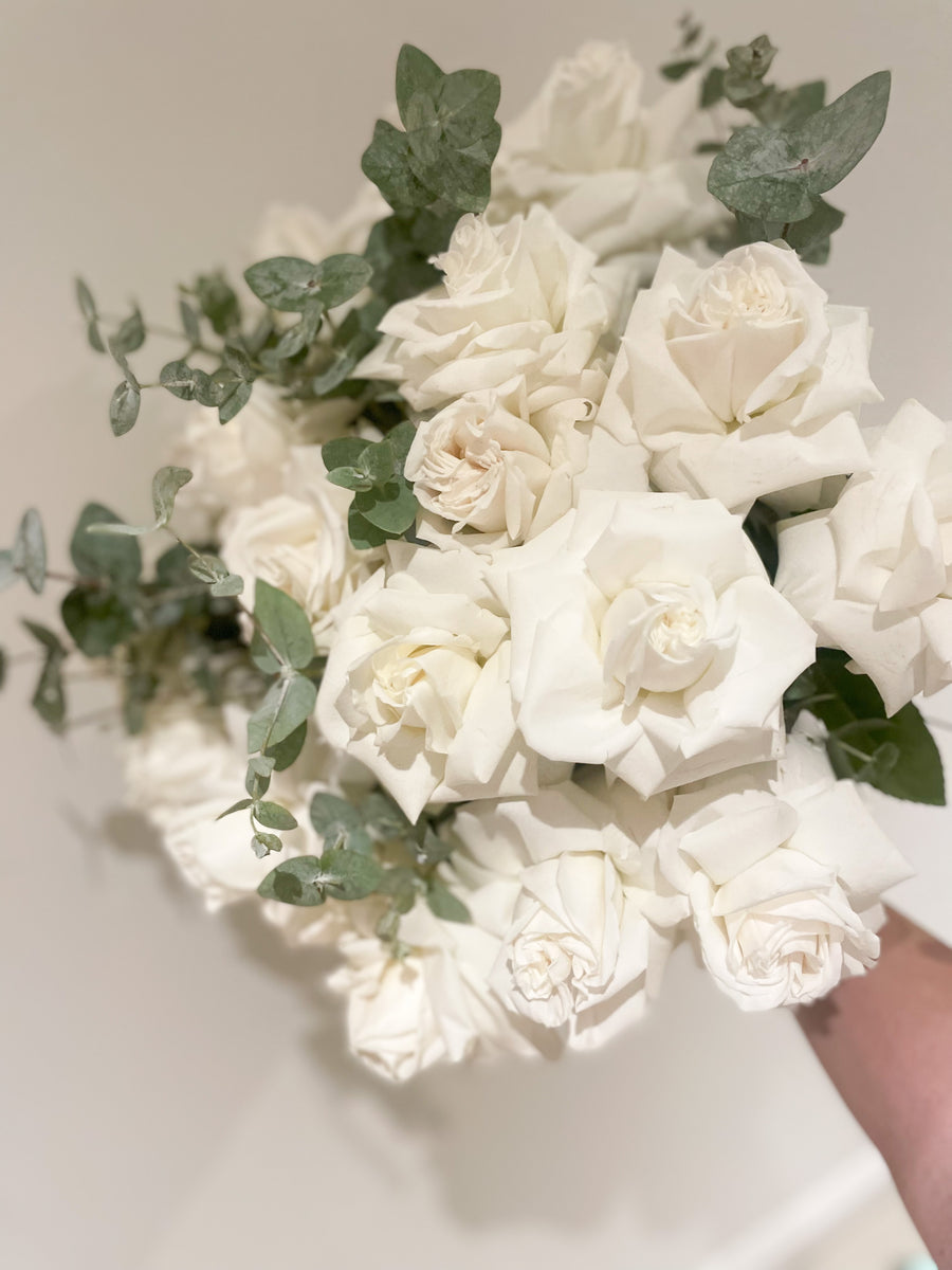 TRADITIONAL SIGNATURE REFLEXED ROSES WITH EUCALYPTUS – The Blonde & The ...